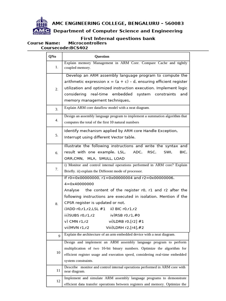 Bcs402 First Internal Question Bank | PDF | Assembly Language | Central Processing Unit