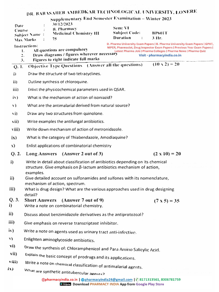 Med Chem III Dbatu 6 TH Sem B. Pharma Winter 2023 | PDF