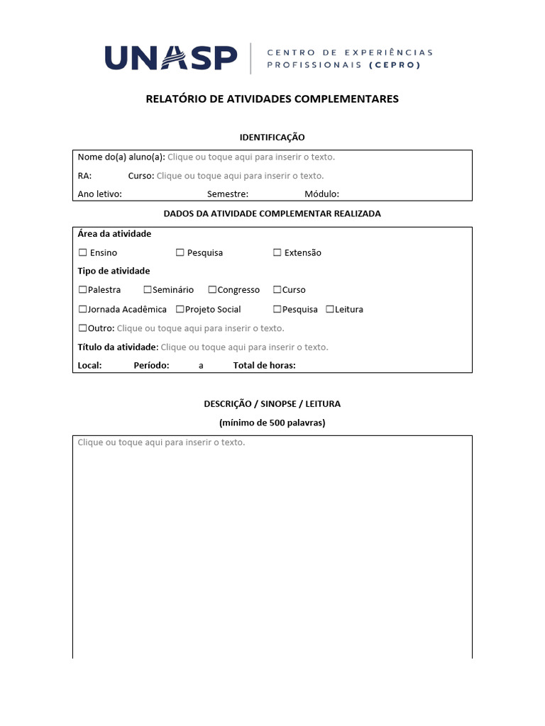 Template Do Relatório de Atividades Complementares | PDF