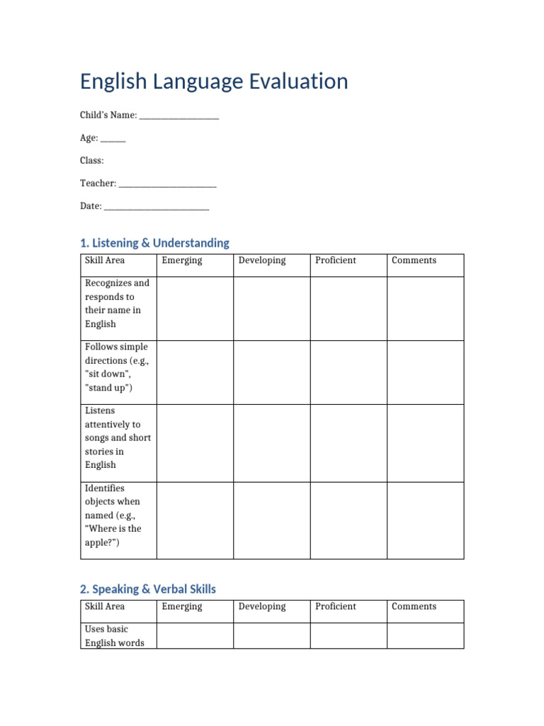 English Language Evaluation Form | PDF