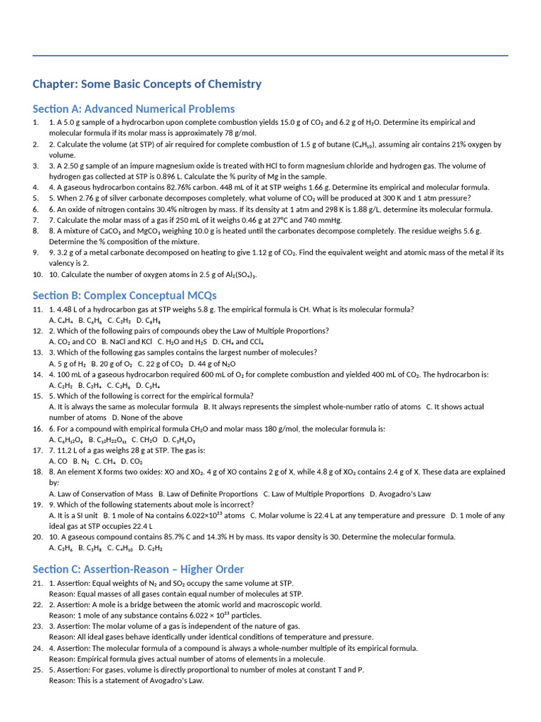 CBSE Class11 Chemistry Hardest Worksheet Compressed | PDF | Gases ...