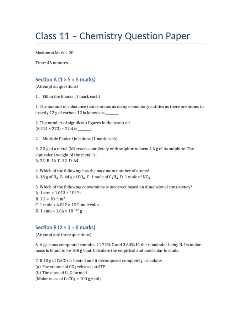 Class 11 Chemistry Question Paper | PDF