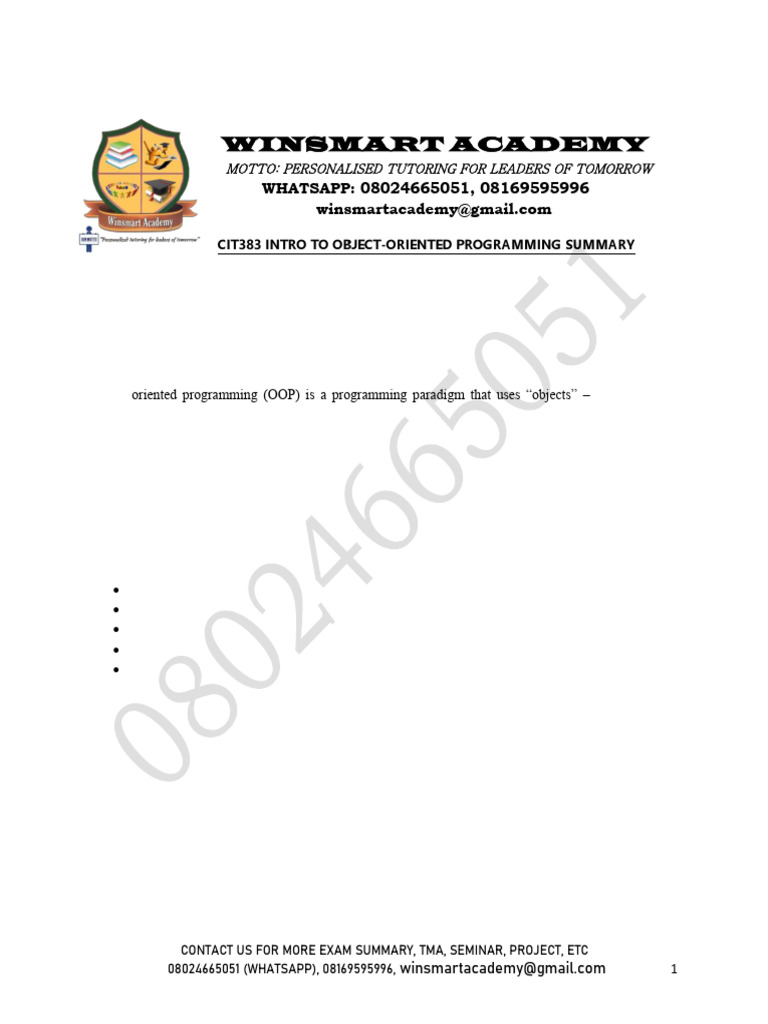 Winsmart Academy Cit383 Exam Summary 08024665051 | PDF | Inheritance (Object Oriented ...