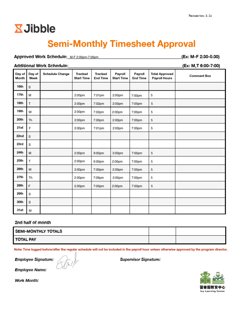 Semi-Monthly Timesheet Approval Form | PDF