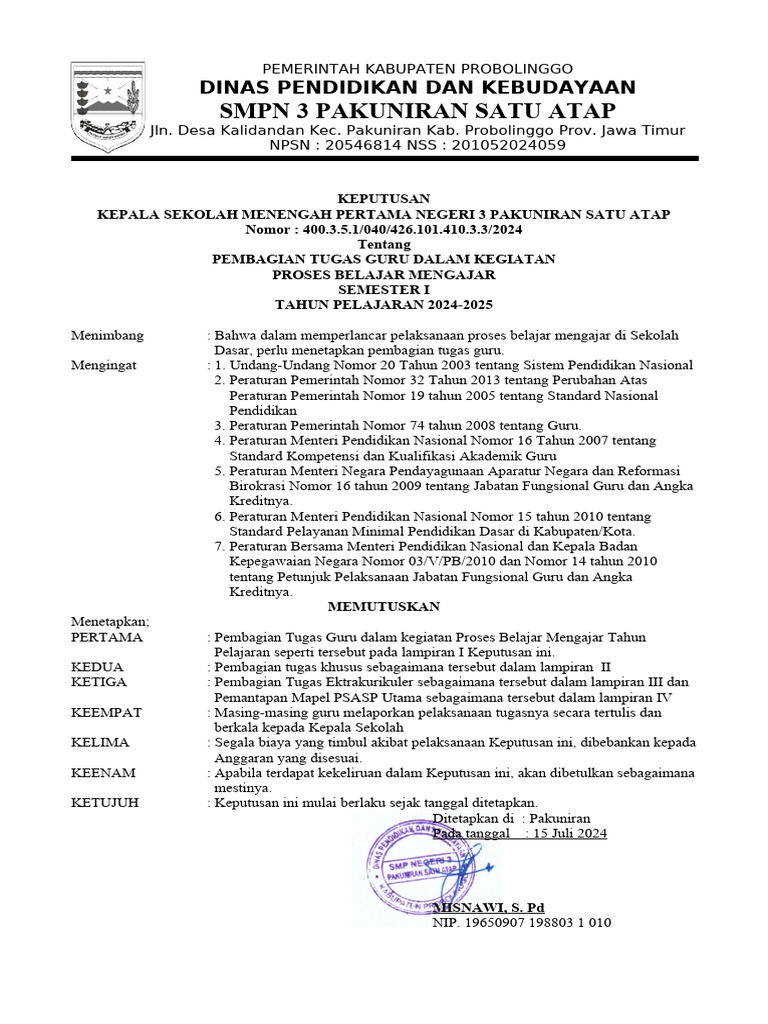 Sk Pembagian Tugas Smt 1 Tapel 2024-2025 - Pmm | PDF