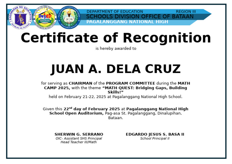 Pnhs Certificate Math Camp Committee Chair Template Pdf