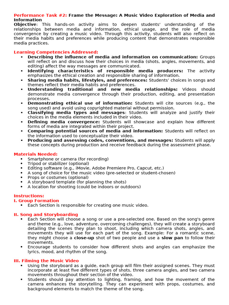 Performance Task 2. Creating A Music Video | PDF | Cinematography ...