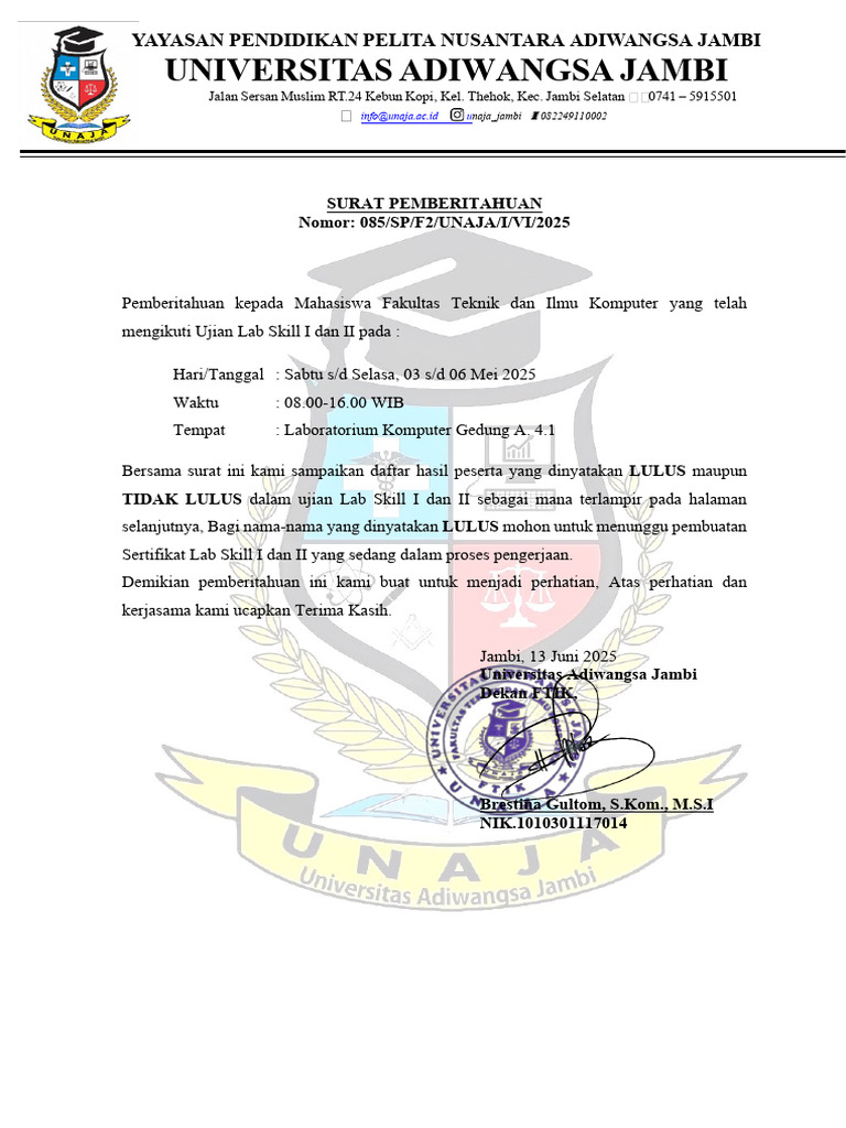 Surat Pemberitahuan Hasil Lab Skill I II 25 | PDF