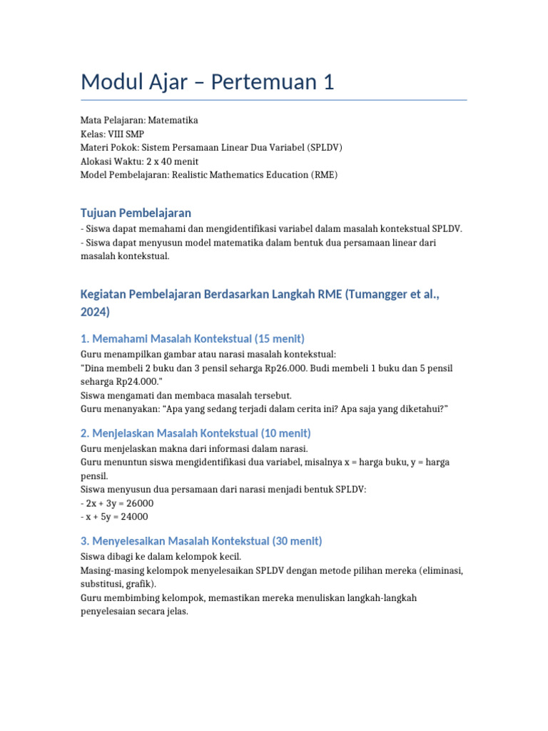 Modul Ajar Pertemuan 1 SPLDV RME | PDF
