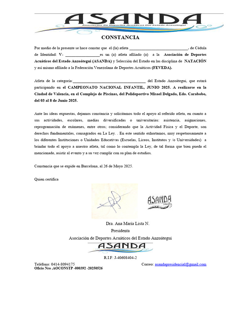 Aoconstp - 000392-20250526 Constancia General de Participación Nac Infantil Junio 2025 | PDF