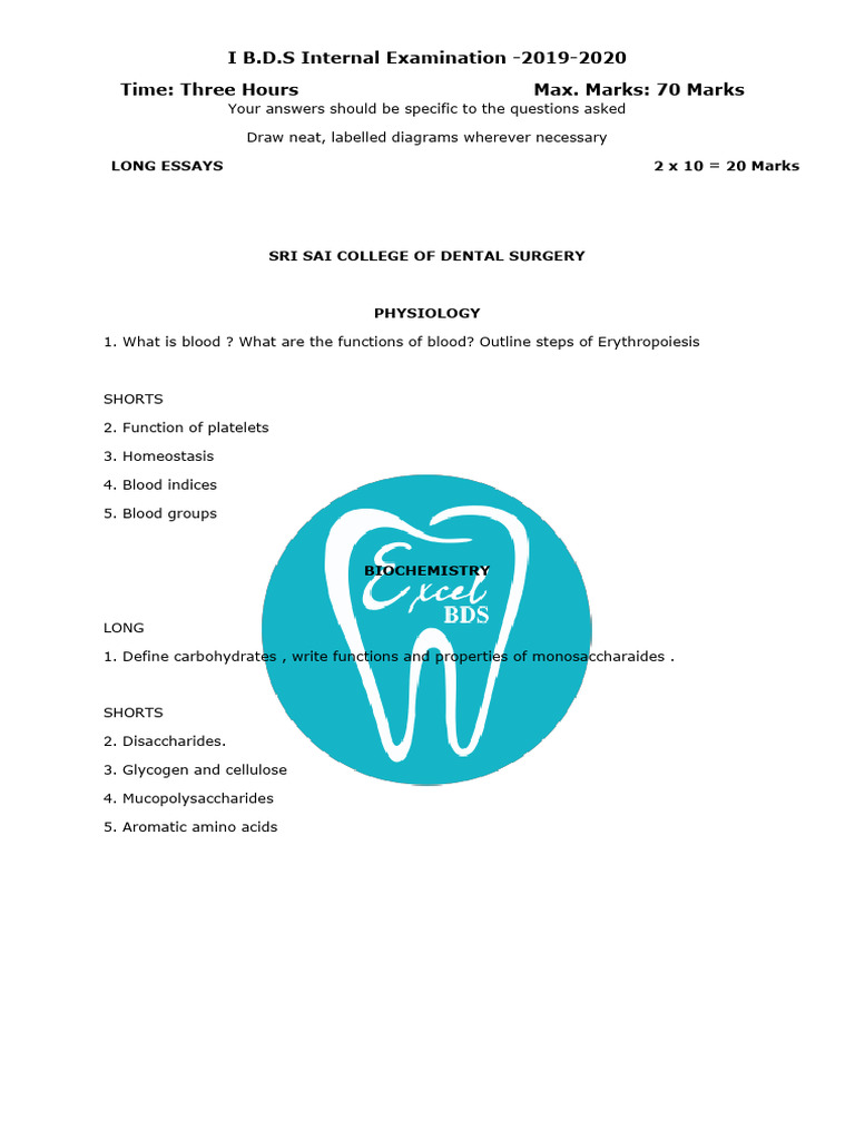 B.D.S Internal Exam 2019-2020 Overview | PDF | Tooth | Dental Anatomy