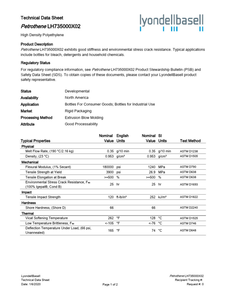 Hdpe Petrothene LH735000X02 Lyondellbasell | PDF | Strength Of ...