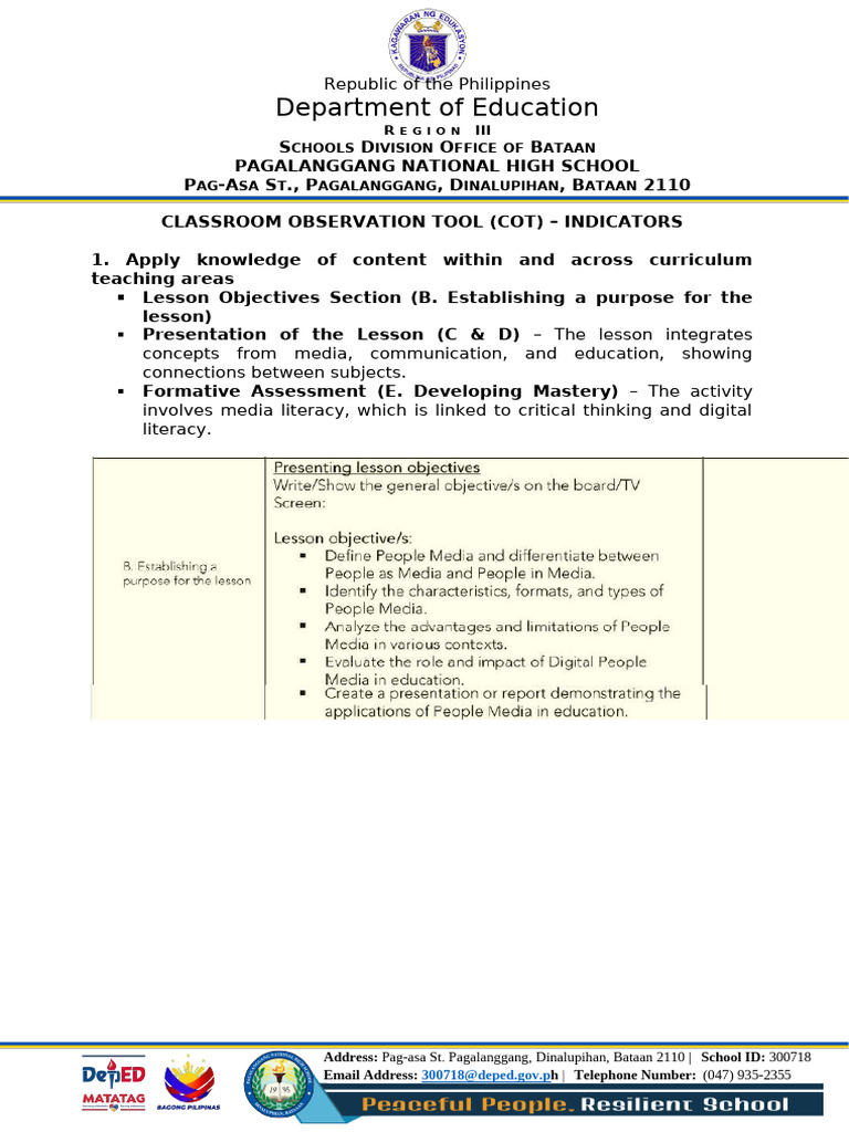 Classroom Observation Tool (Cot) - Indicators | PDF | Learning ...