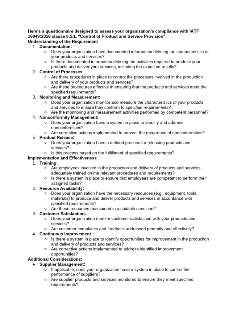 IATF 16949:2016 Clause 8.5.1 Compliance Guide | PDF | Regulatory ...