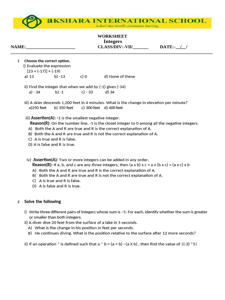 Class 7 Integer Exercises Worksheet | PDF