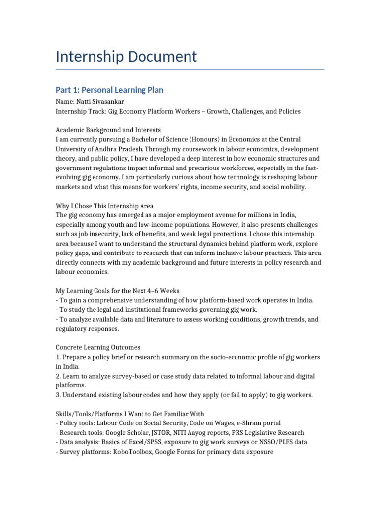 Gig Economy Internship Learning Plan | PDF | Employment | Labour Economics
