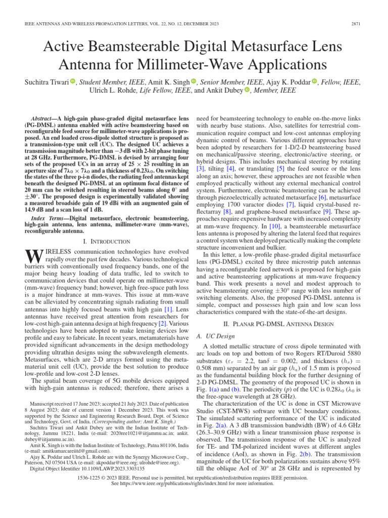 Active Beamsteerable Digital Metasurface Lens Antenna For Millimeter-Wave Applications | PDF ...