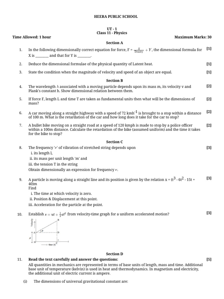 Class 11 Physics UT-1 Exam Paper | PDF | Force | Velocity
