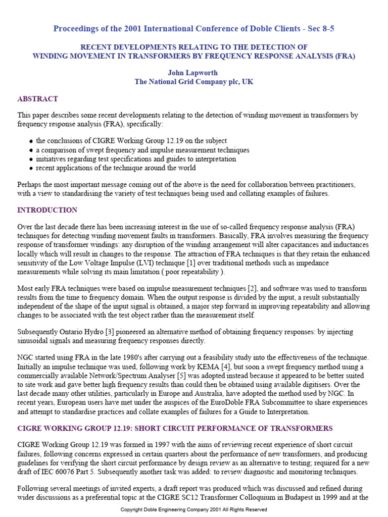 Winding Movement in Transformers by Frequency Response Analysis | PDF ...