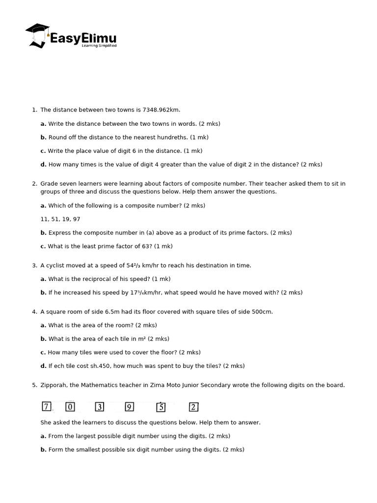 Mathematics - CBC Grade 7 Mid Term 2 Exams 2024 Set 5-3078 | PDF ...
