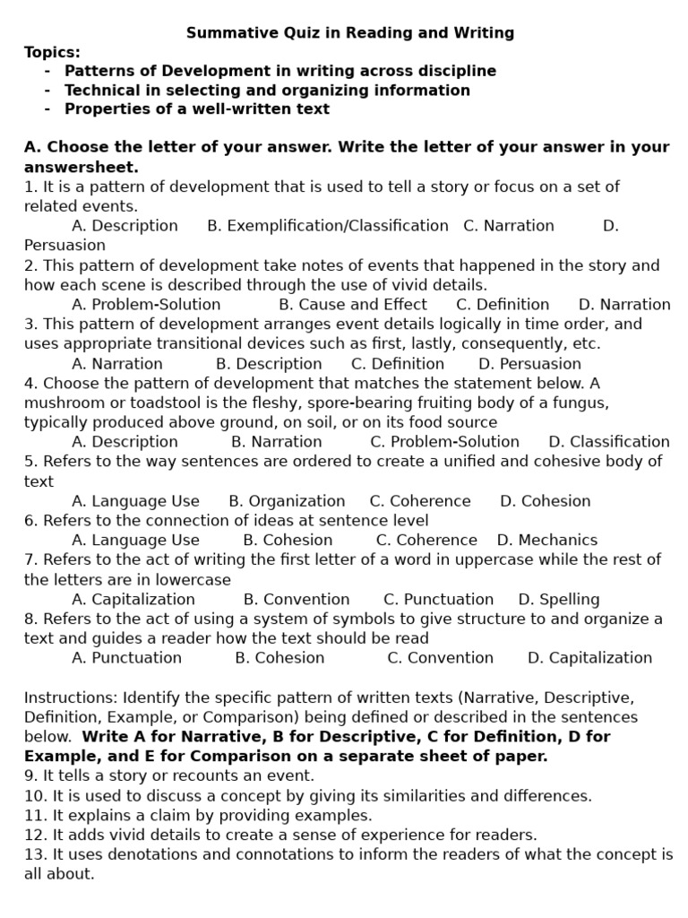 Summative Quiz in Reading and Writing | PDF | Letter Case | Brainstorming