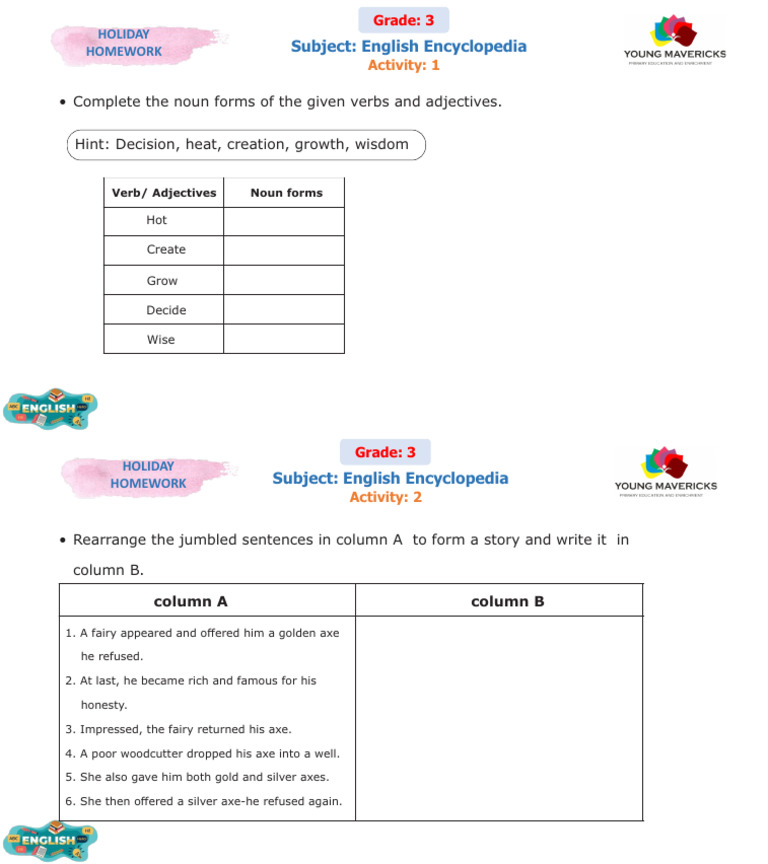 English - Grade-3 - Holiday Homework | PDF