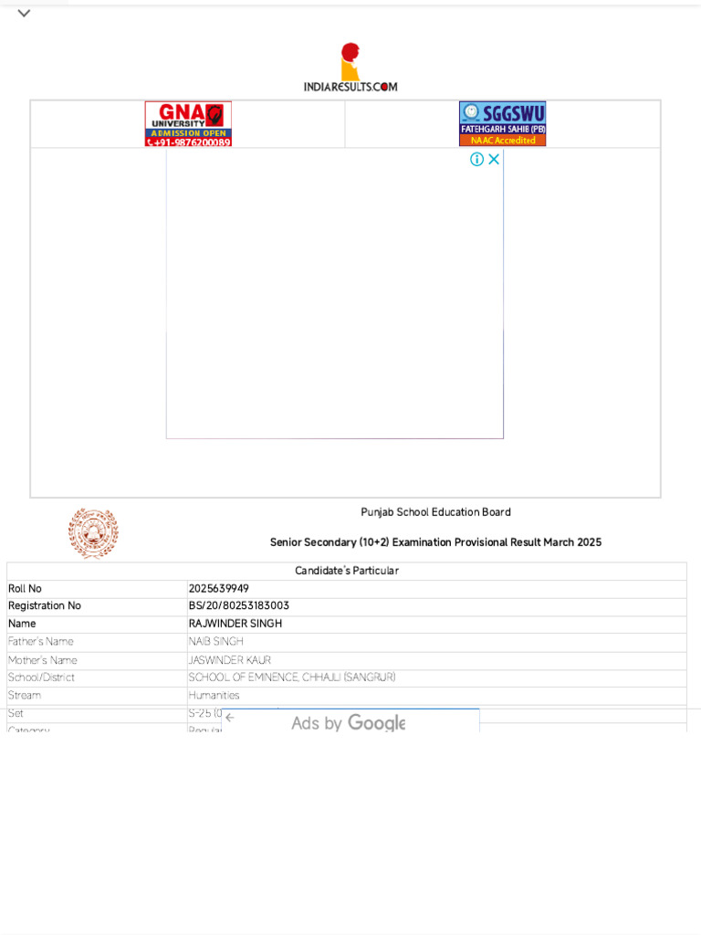 Senior Secondary (10+2) Examination Provisional Result March 2025 | PDF