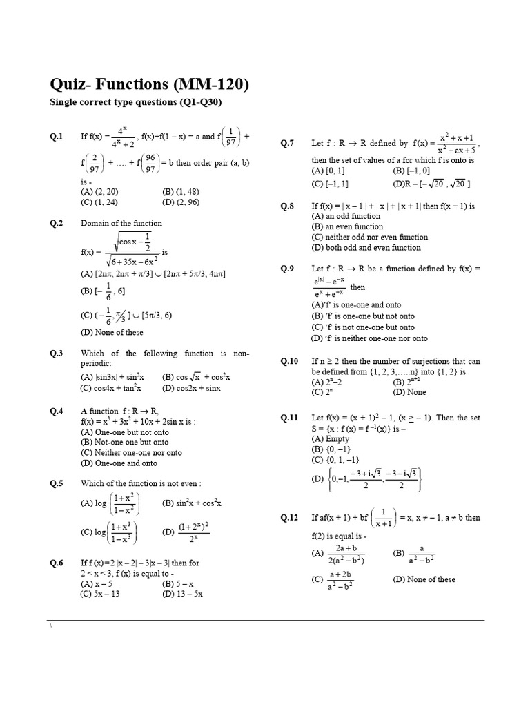 Quiz Functions (30 Ques) | PDF | Function (Mathematics) | Abstract Algebra