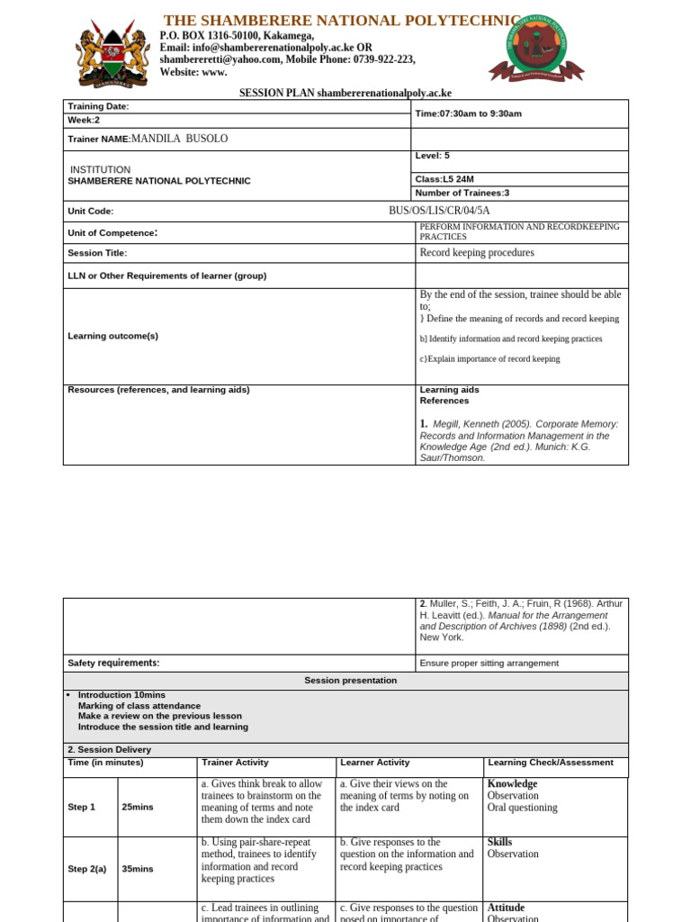 Records Learning Session Plan | PDF | Learning | Food And Drug ...
