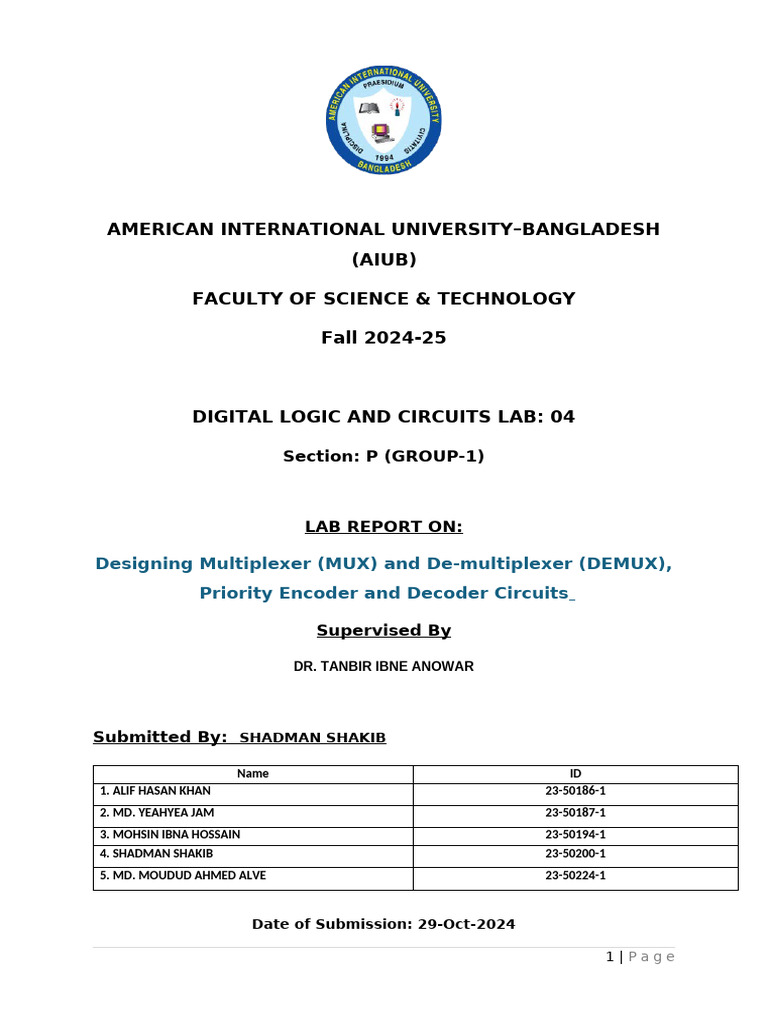 Exp4 - Designing Multiplexer (MUX) and De-Multiplexer (DEMUX), Priority Encoder and Decoder ...