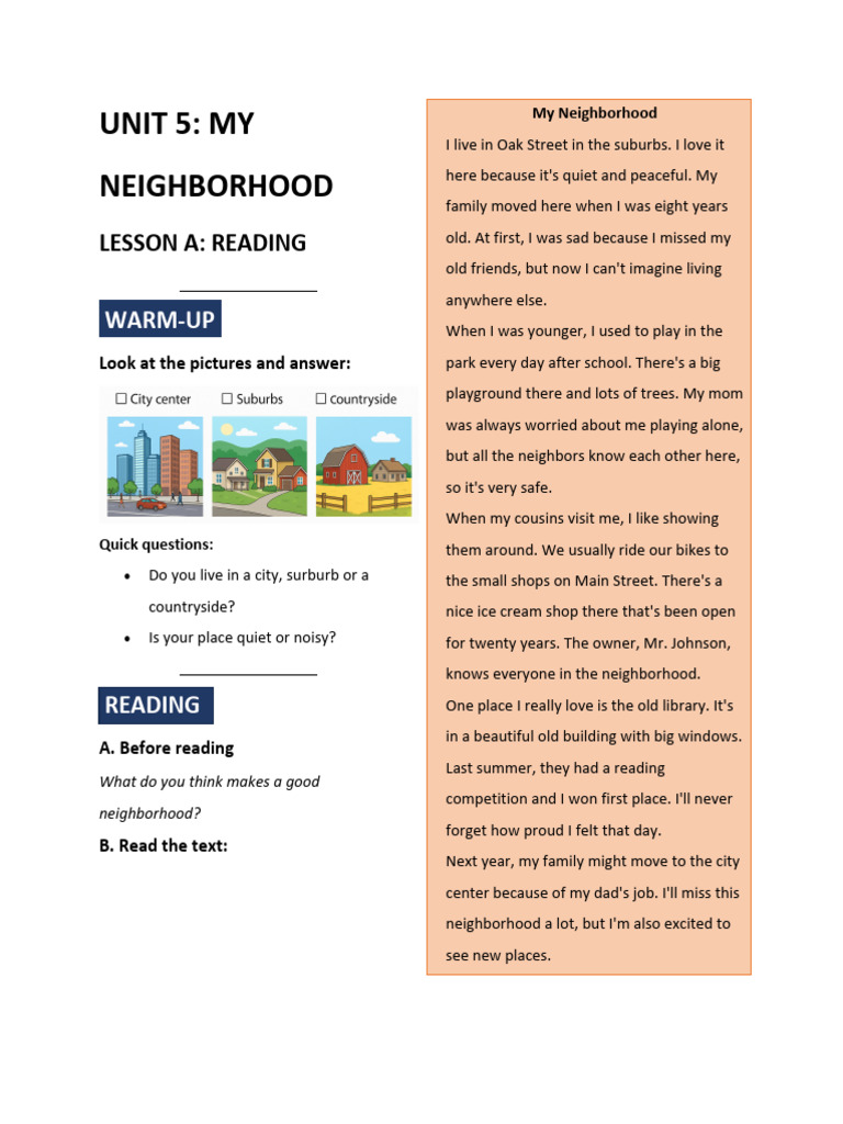 My Neighborhood Reading Exercise | PDF