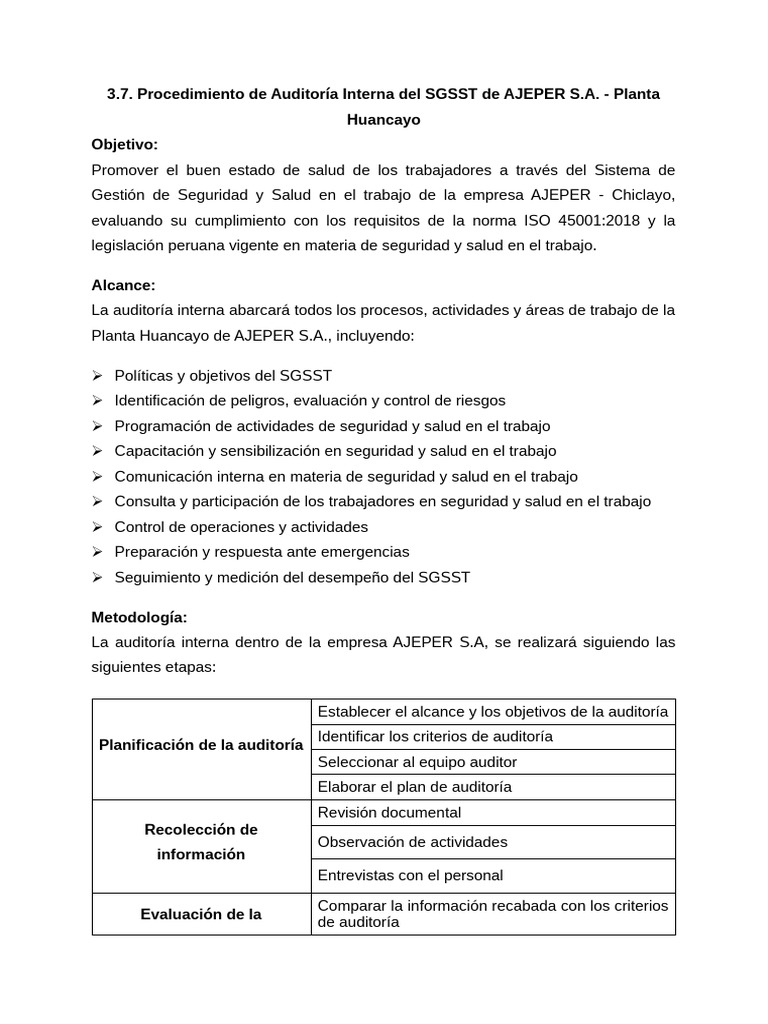 Procedimiento de Auditoria Interna de SGSST - Empresa AJEPER S.A. - Planta Huancayo | PDF ...