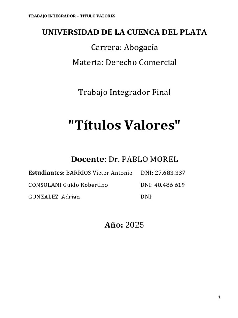 Trabajo Integrador - Títulos Valores Final | PDF | Estatuto de limitaciones | Instrumento negociable