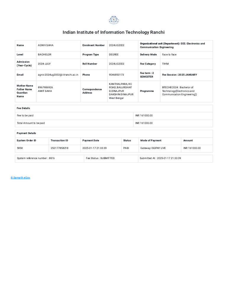 Fee Receipt of IIIT Ranchi (2nd Sem) | PDF | Business | Payments
