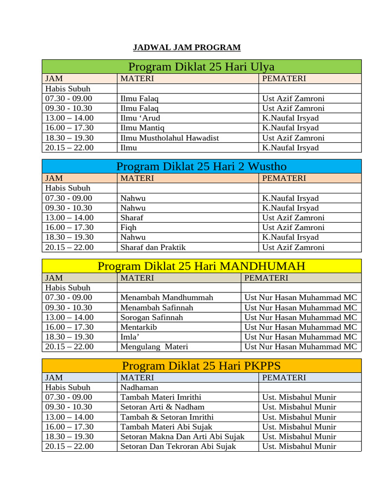 Jadwal Program Diklat 25 Hari | PDF