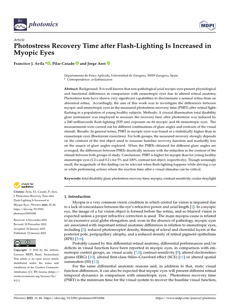 Myopic Eyes Show Increased Photostress Recovery | PDF | Myopia | Visual ...