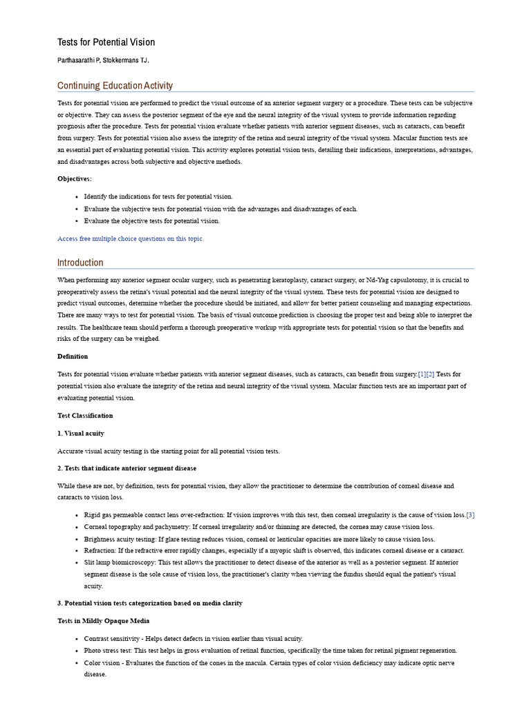 Tests For Potential Vision - NCBI Bookshelf | PDF | Retina | Visual System