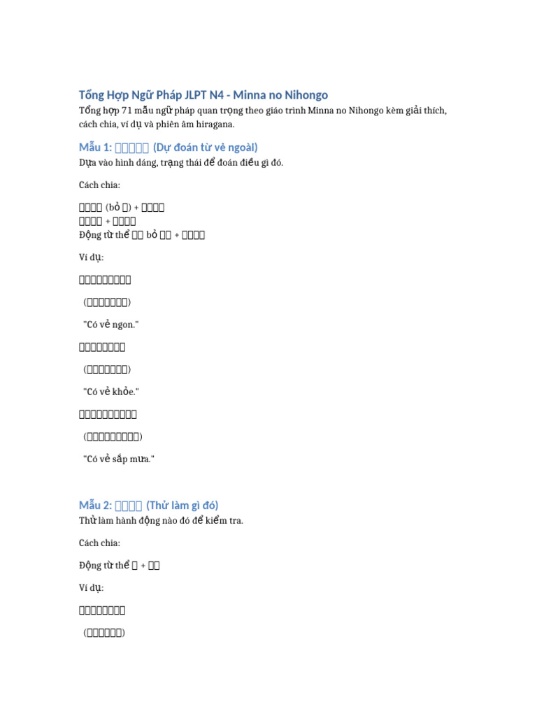 Tong Hop Ngu Phap JLPT N4 Minna No Nihongo | PDF