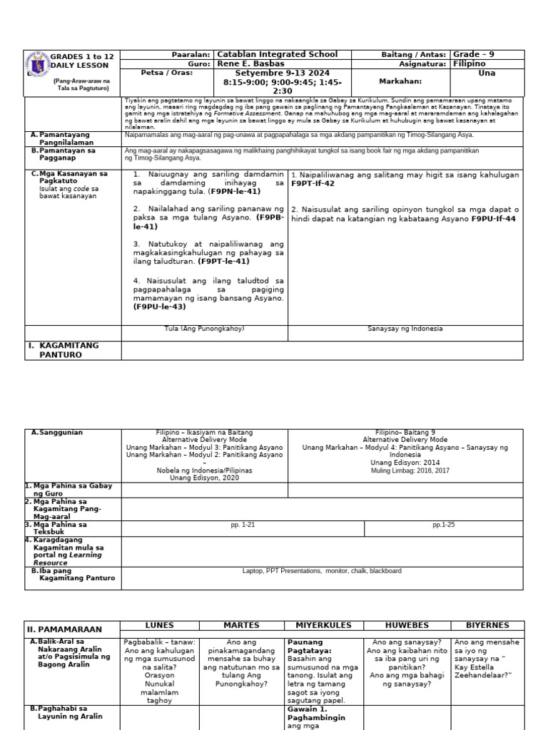 DLL - FILIPINO 9 - Week #6 Tula at Sanaysay | PDF
