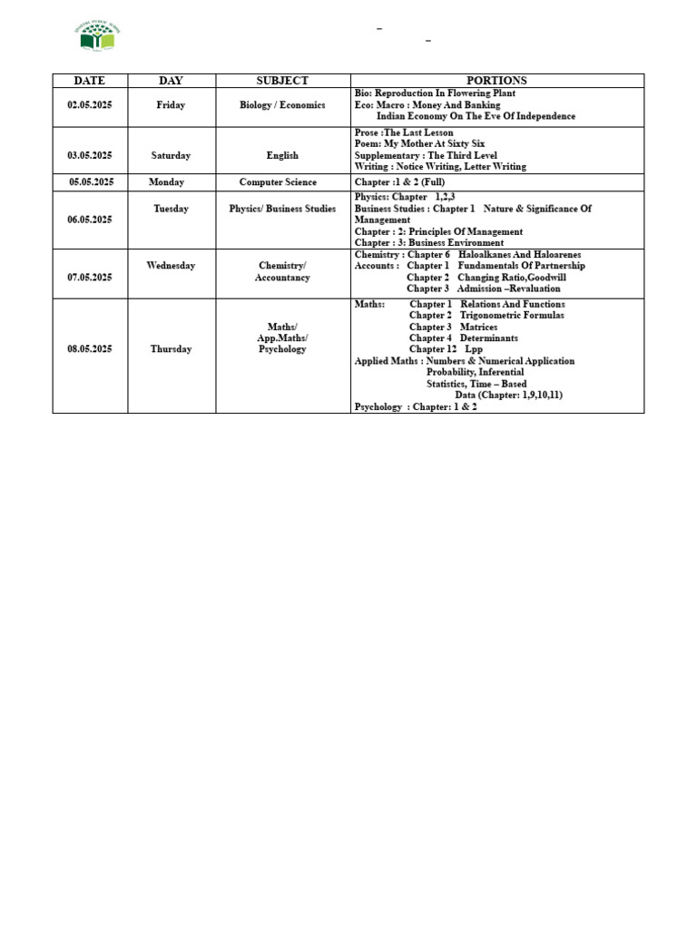 Class XII Unit Test I Date Sheet 2025-26 | PDF