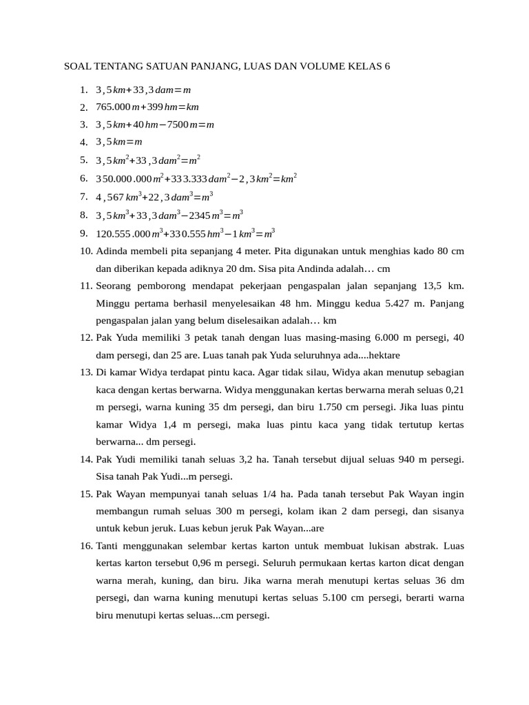 Soal Satuan Panjang Kelas 6 | PDF