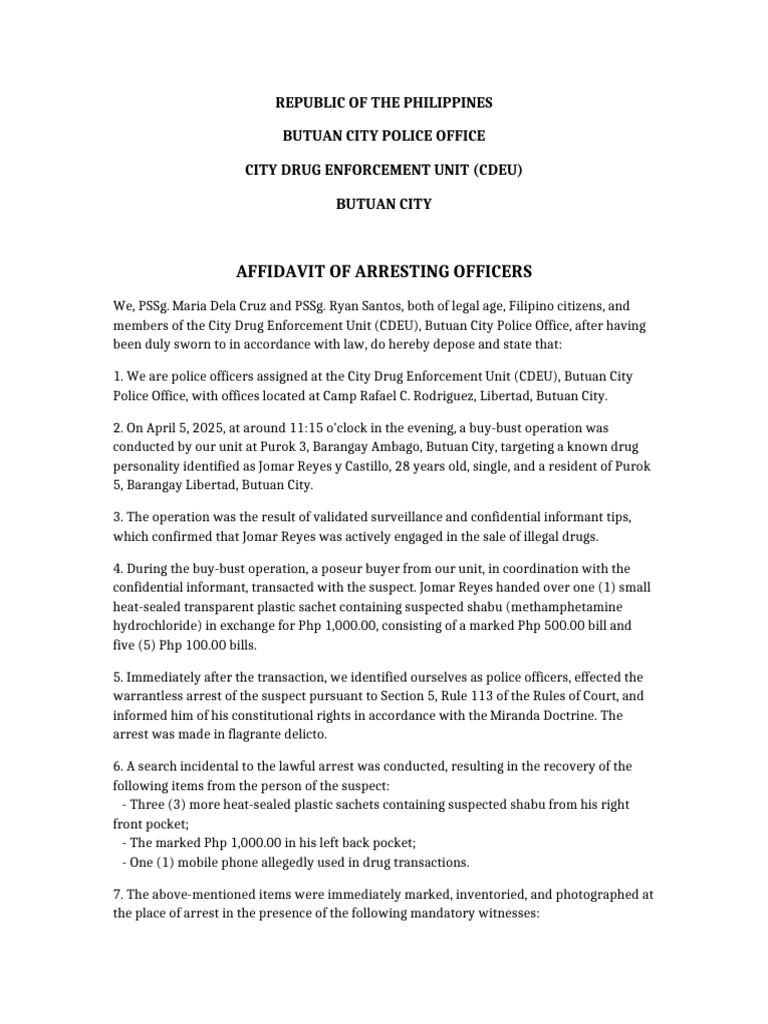 Affidavit of Arresting Officers | PDF | Affidavit | Justice