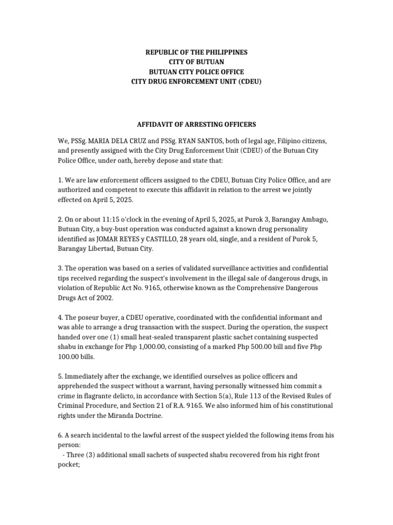 Formal Affidavit of Arresting Officers | PDF | Affidavit | Criminal Law