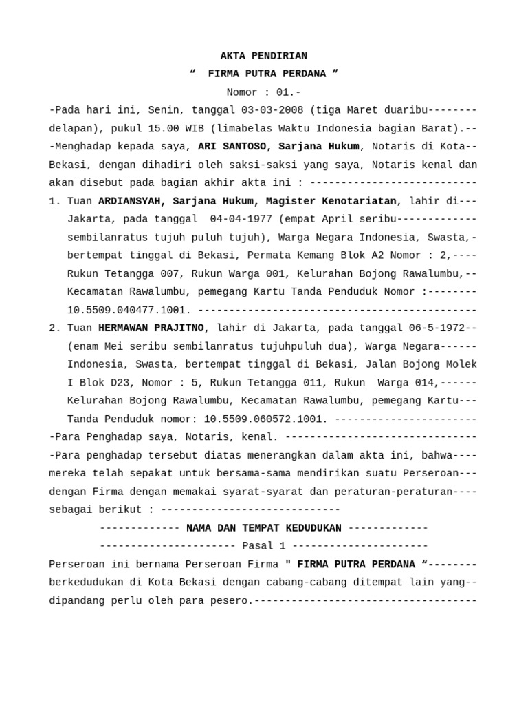 Akta Pendirian Firma Putra Perdana | PDF