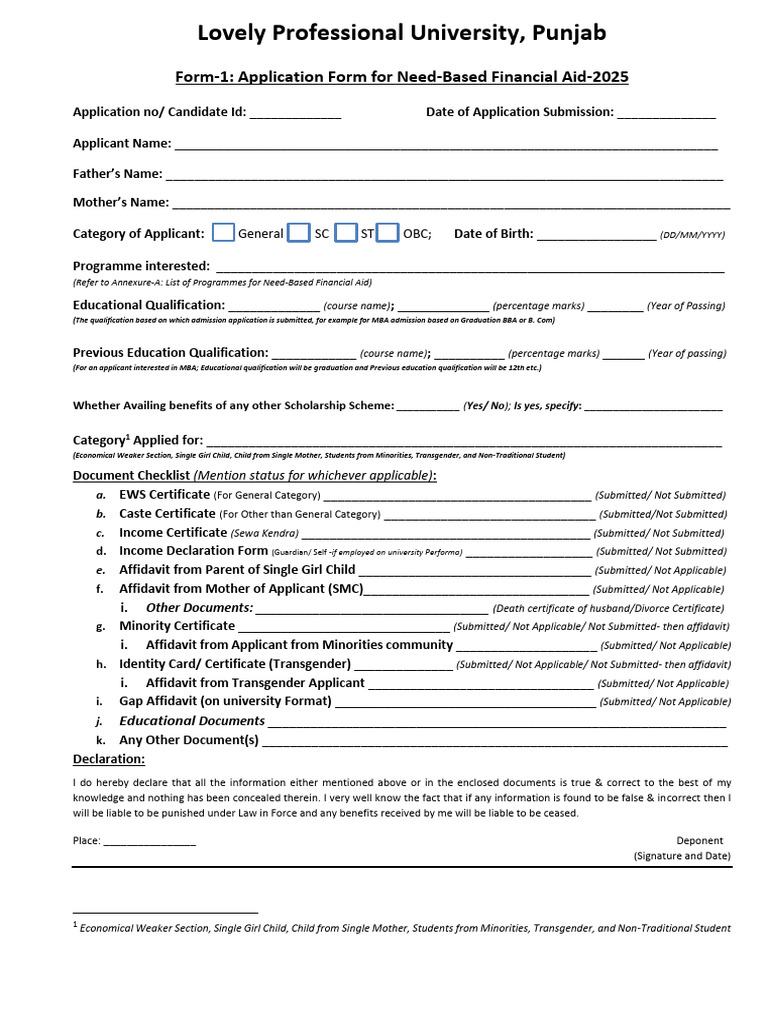 2025 - Application Form For - Need-Based Financial Aid | PDF ...