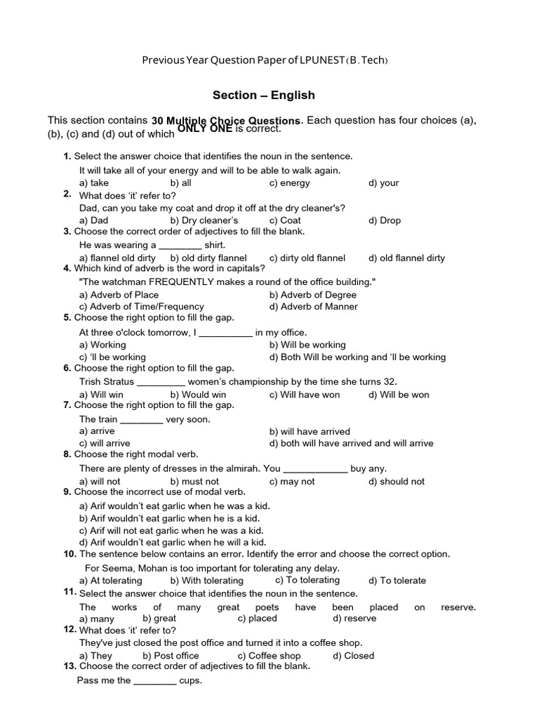 LPUNEST B.Tech English & Physics MCQs | PDF | Epithelium | Adverb