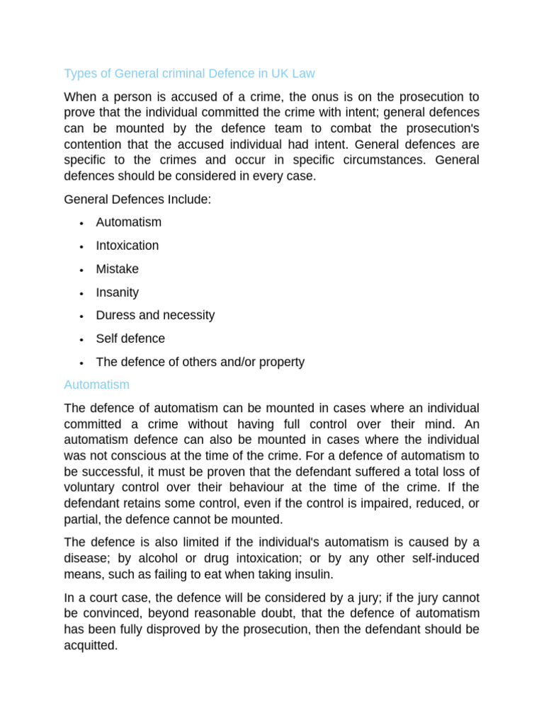2.2.8types of General Criminal Defence in UK Law | PDF | Insanity Defense | Criminal Law