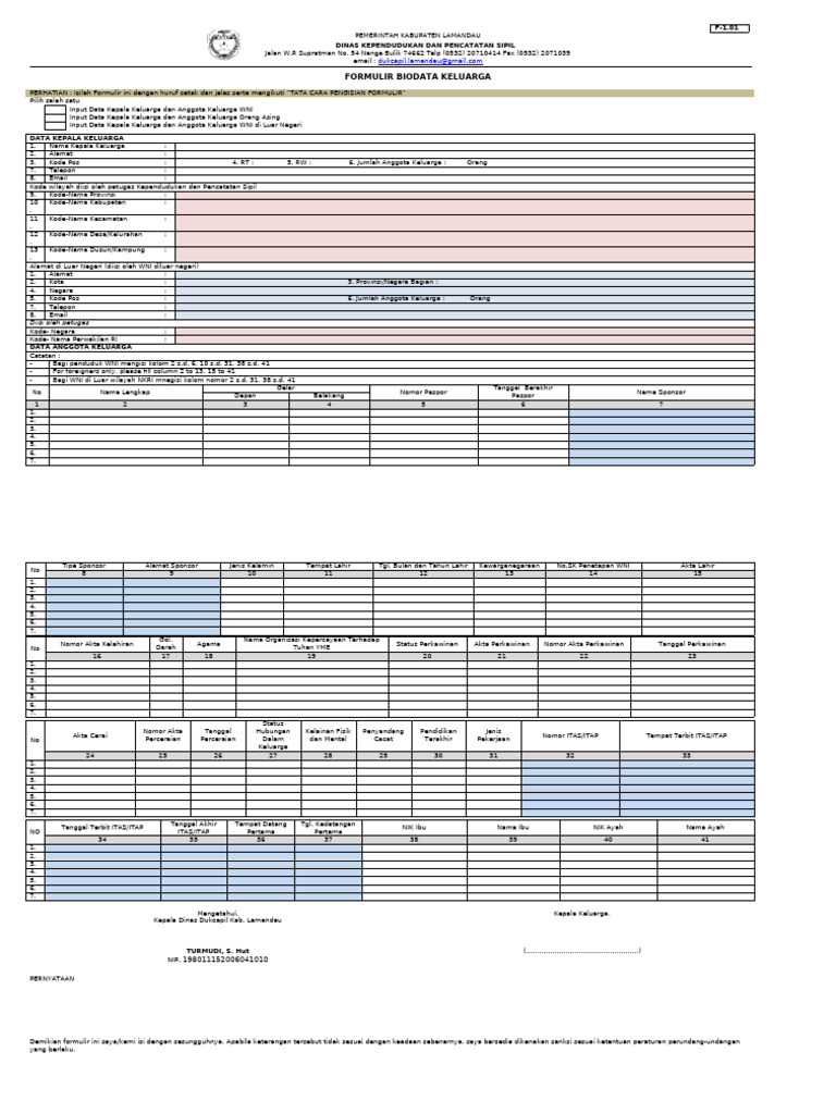 F-1.01 Formulir Biodata Kartu Keluarga | PDF
