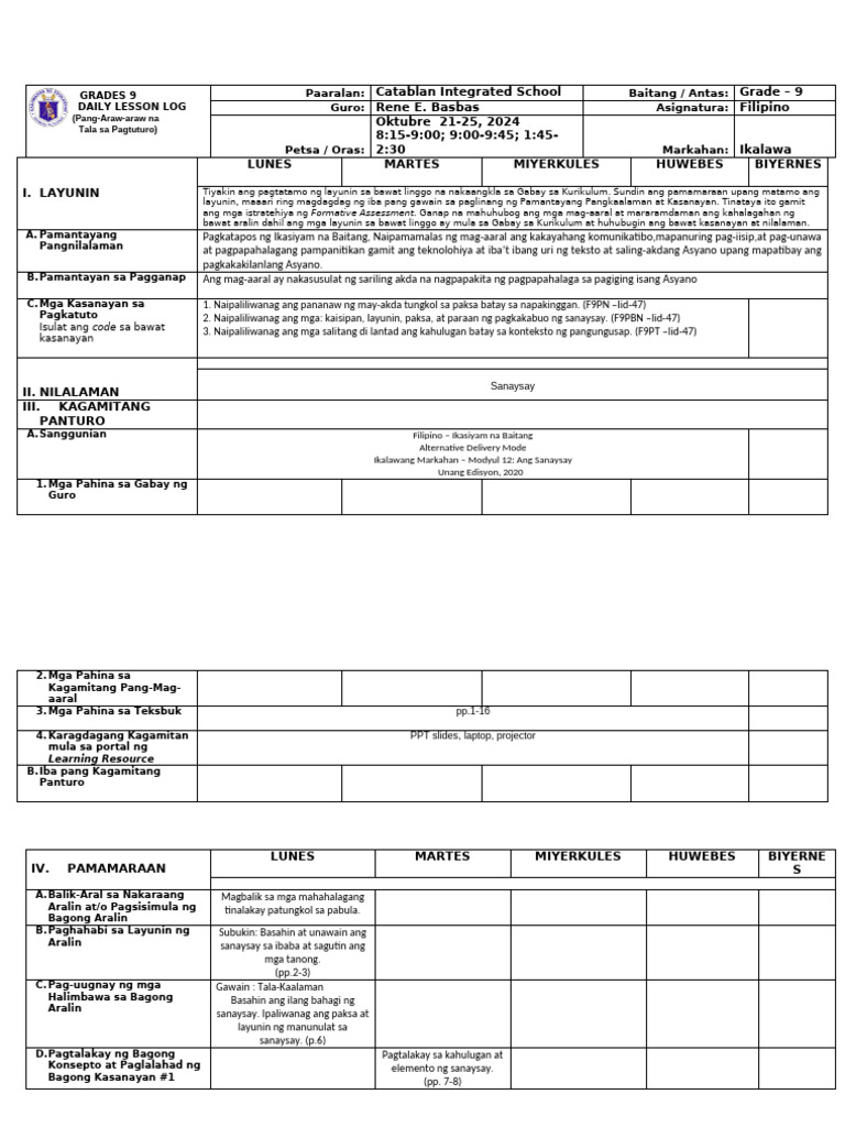 DLL - FILIPINO 9 - Week #3 Sanaysay | PDF