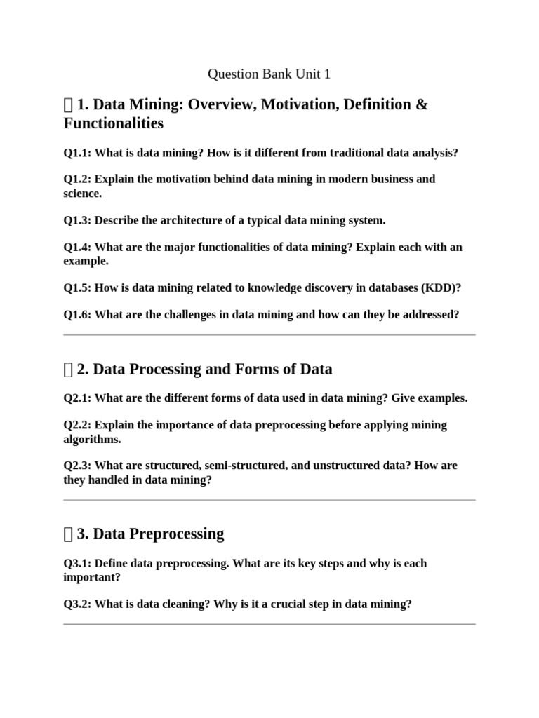 DATA MINING Question Bank Unit 1 | PDF